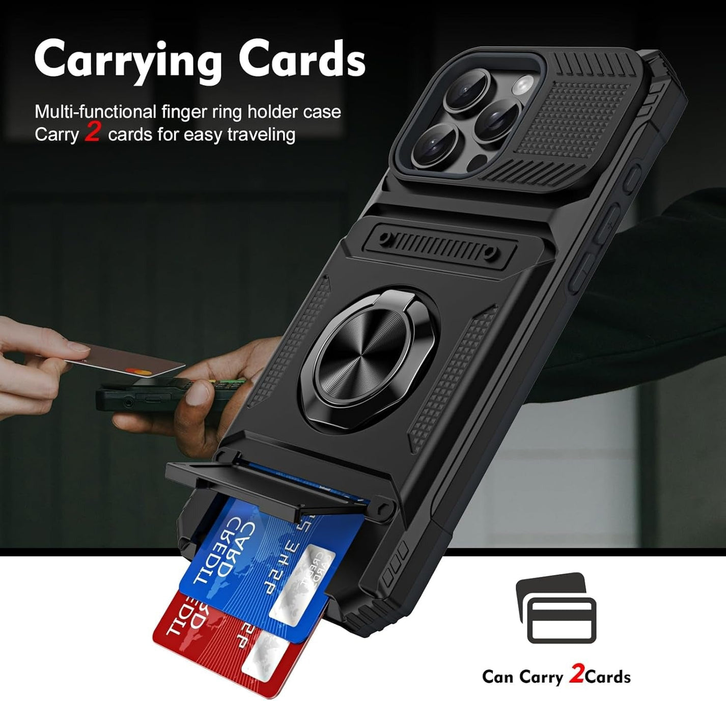Iphone 17 pro max dual layer case with ring holder & hidden 2-card com ...